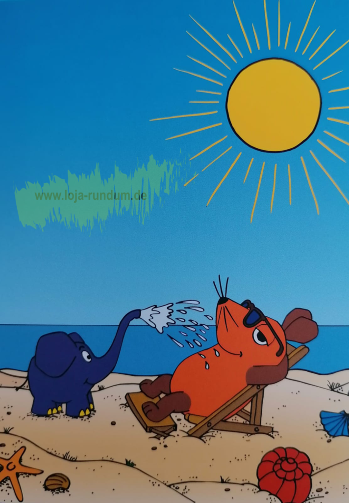 Maus und Elefant am Strand – TAURUS Kunstkarten – Loja – rundum